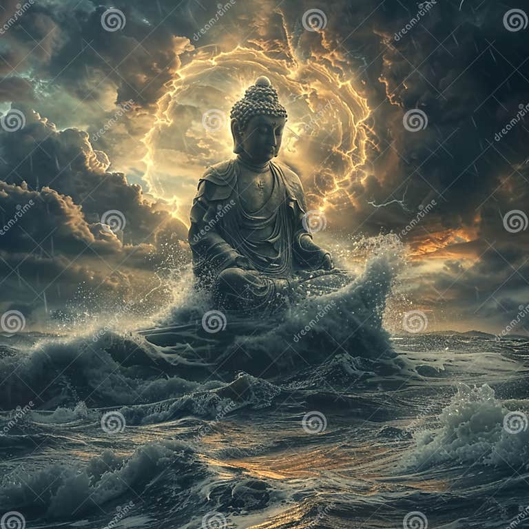 Create a Dramatic and Serene Image of Buddha Floating Above the Ocean ...