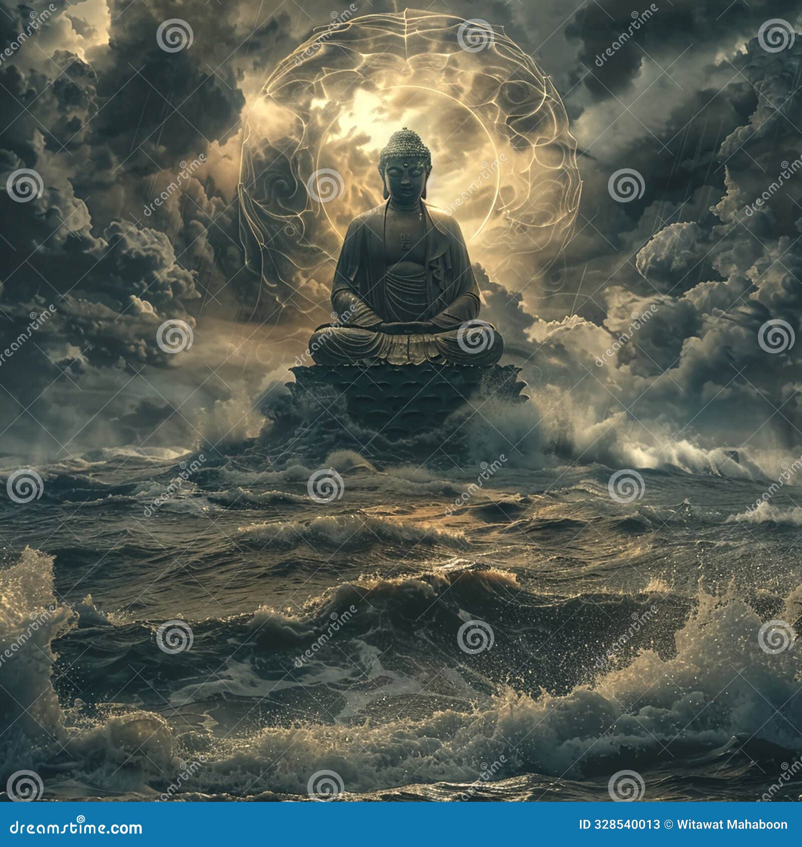 Create a Dramatic and Serene Image of Buddha Floating Above the Ocean ...