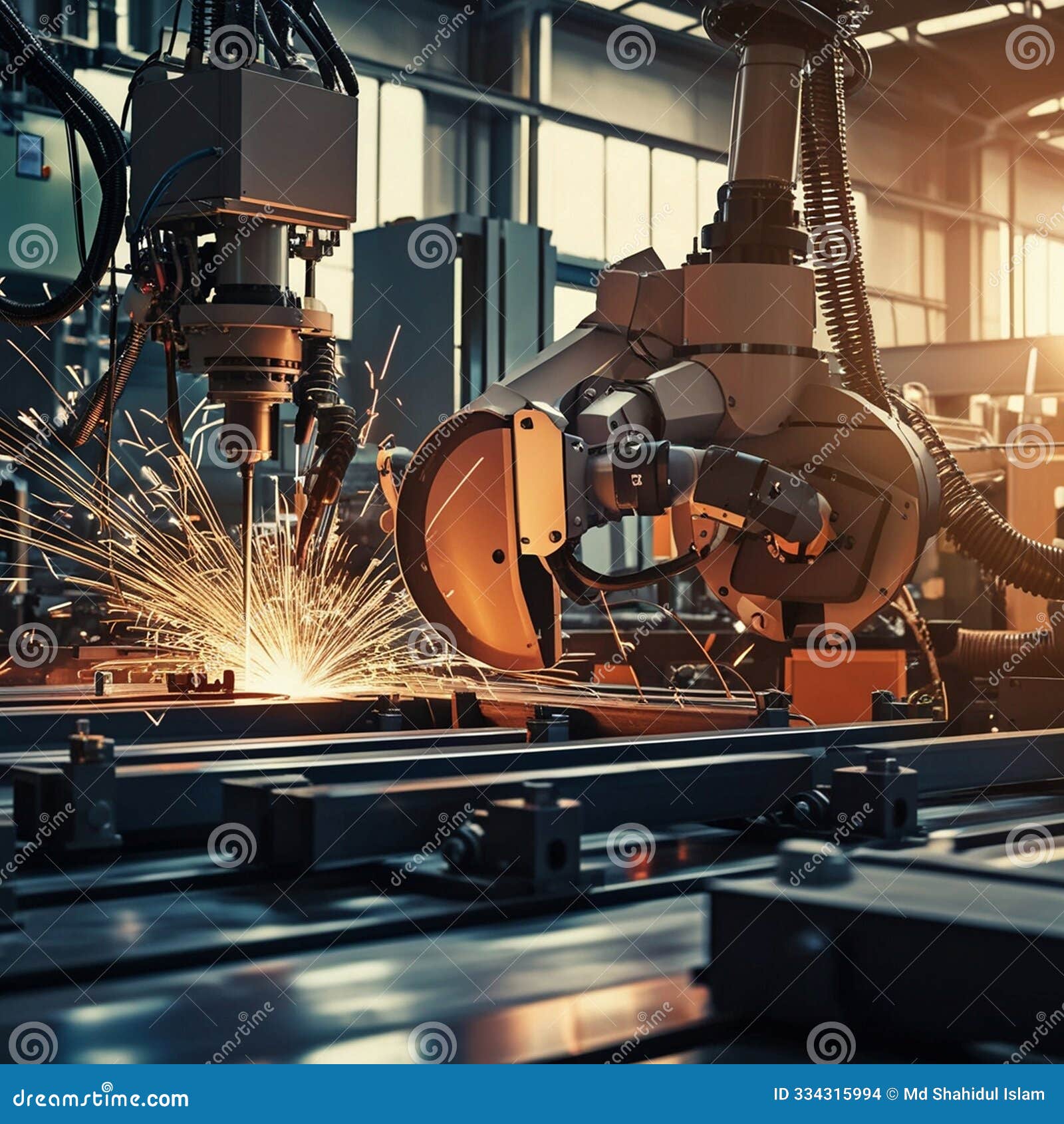 High-Tech Industrial Manufacturing: Automated Machinery with Sparks ...