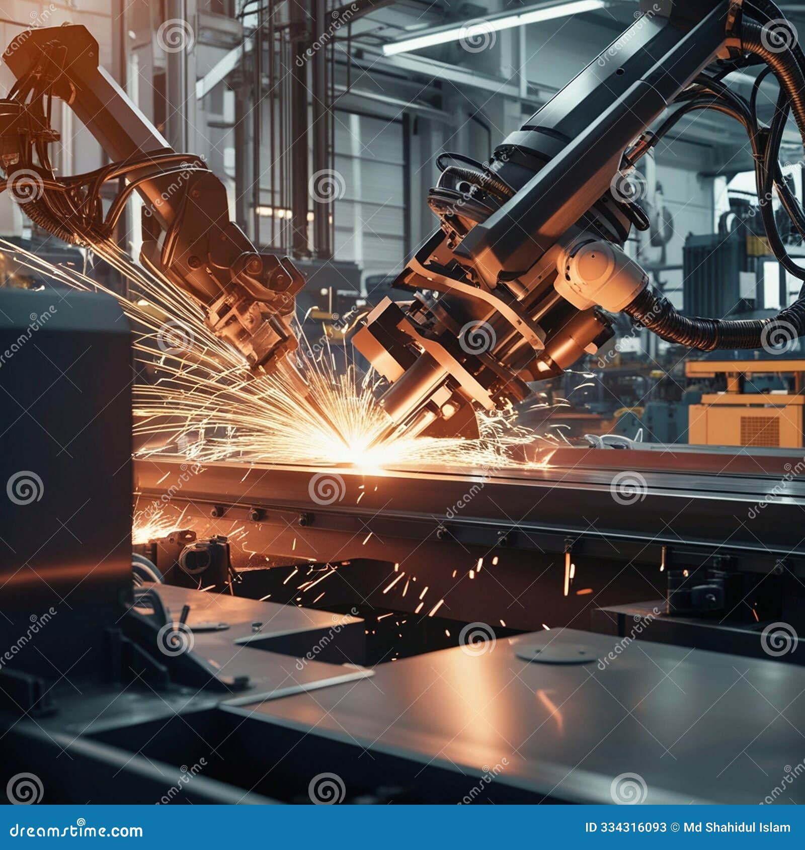High-Tech Industrial Manufacturing: Automated Machinery with Sparks ...