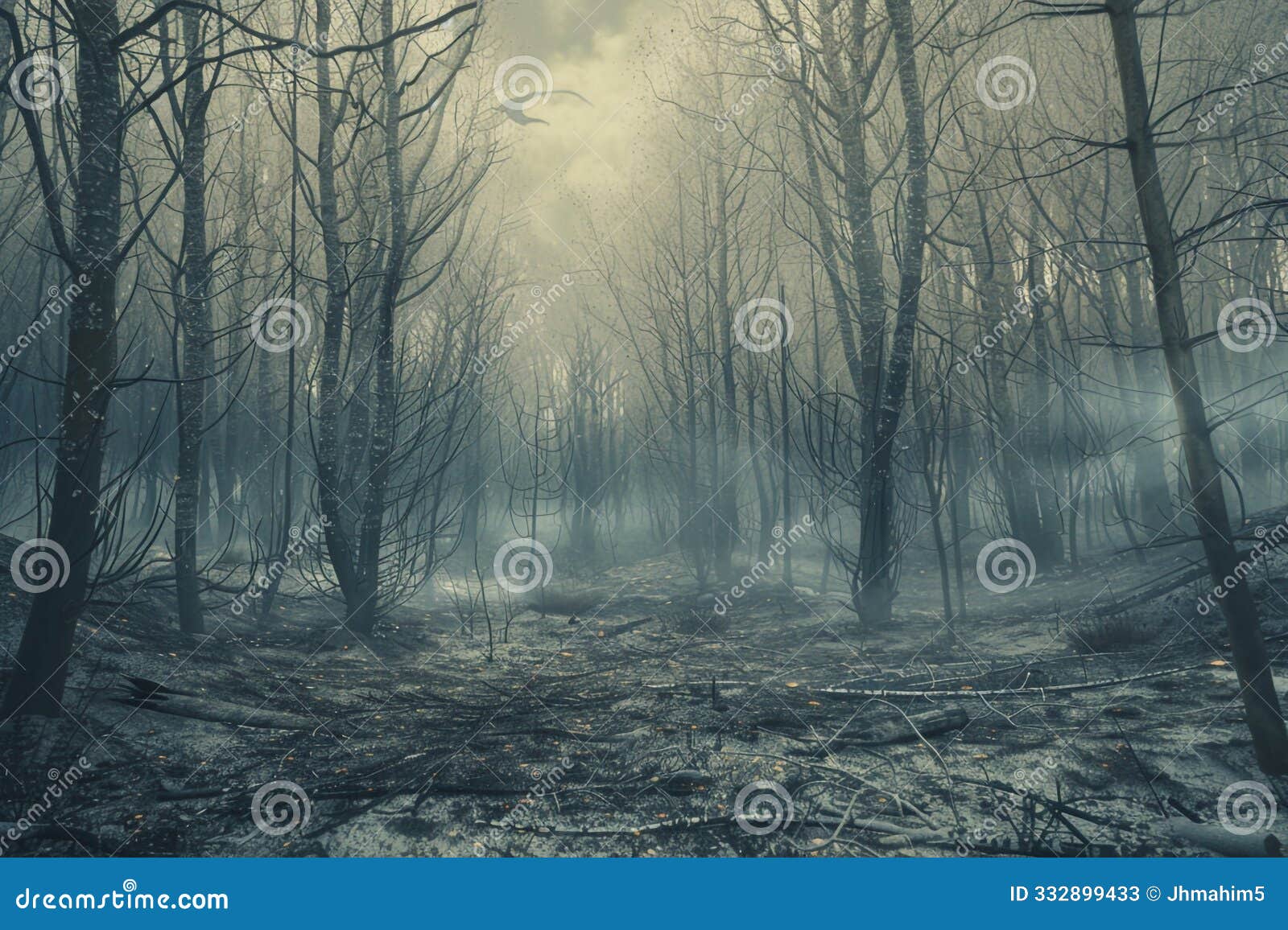 Create a Haunting Image of a Once Lush Forest Now Charred and Desolate ...
