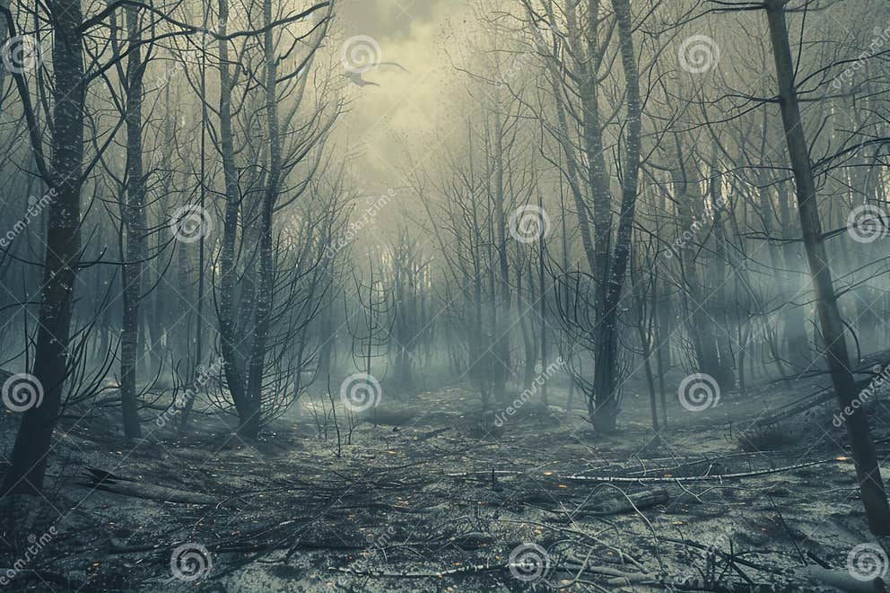 Create a Haunting Image of a Once Lush Forest Now Charred and Desolate ...