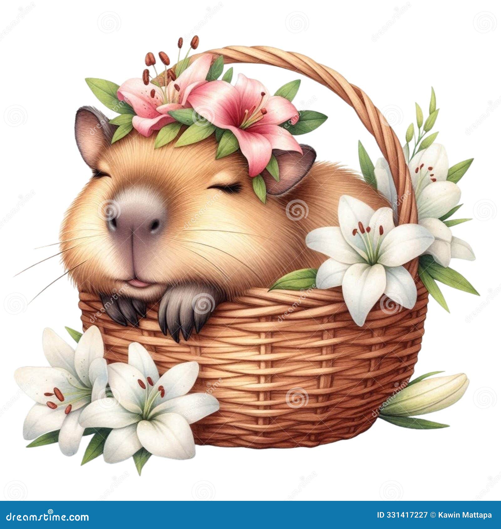 Capybara Sleeping on a Basket of Lilies Stock Illustration ...