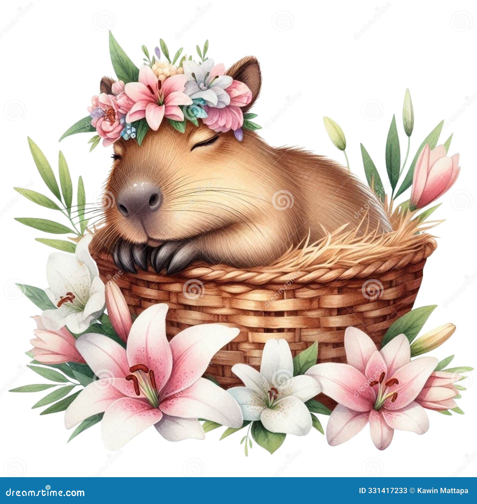 Capybara Sleeping on a Basket of Lilies Stock Illustration ...