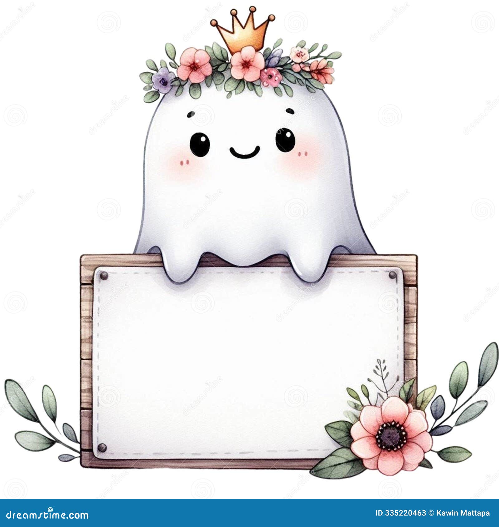 Cute Ghost Holding a White Sign Clipart Watercolor Stock Illustration ...