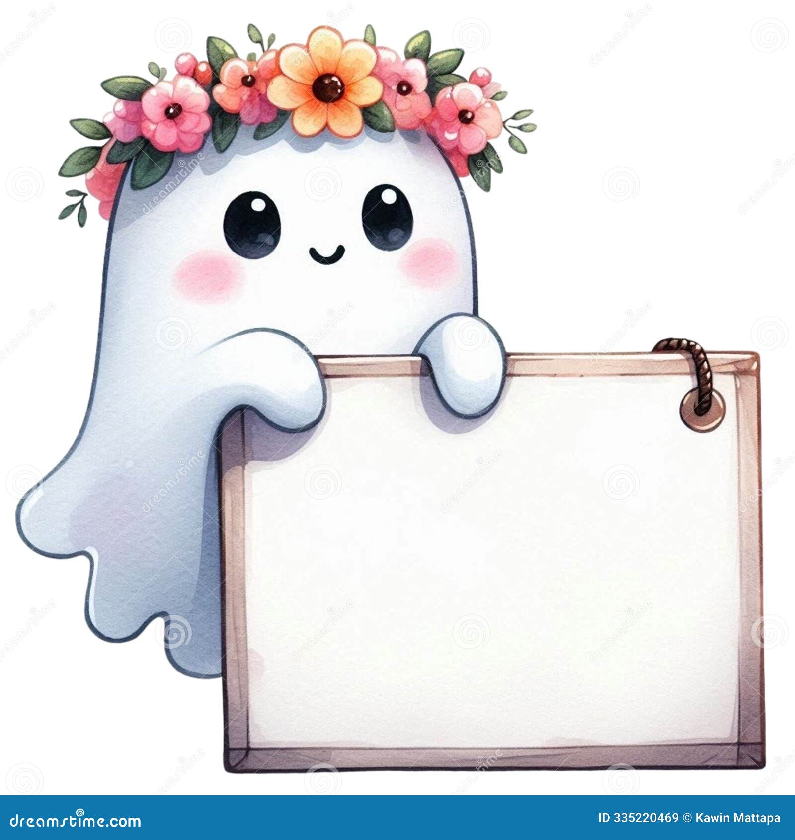 Cute Ghost Holding a White Sign Clipart Watercolor Stock Illustration ...