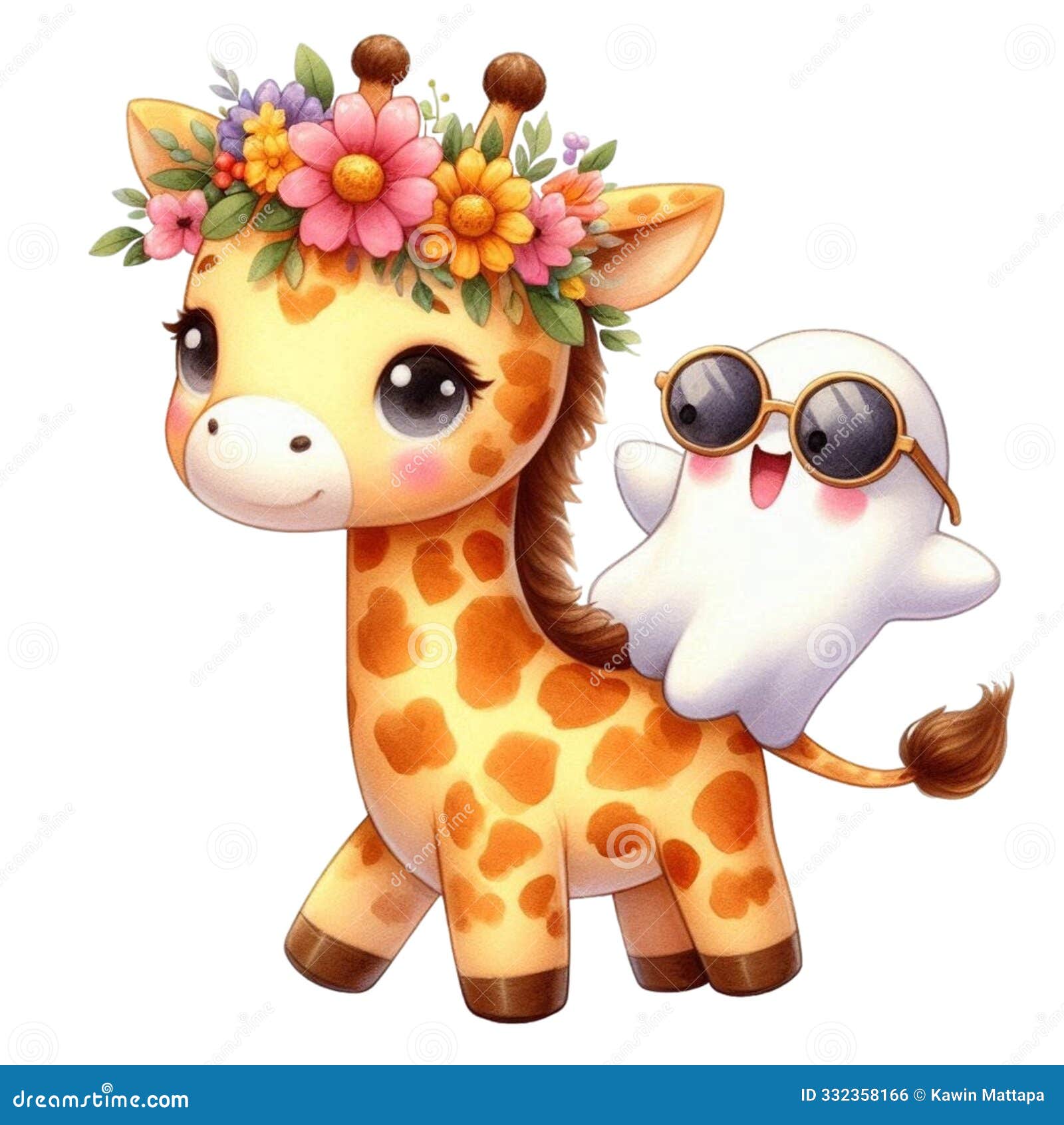 Giraffe and Cute Ghost Clipart Watercolor Stock Vector - Illustration ...