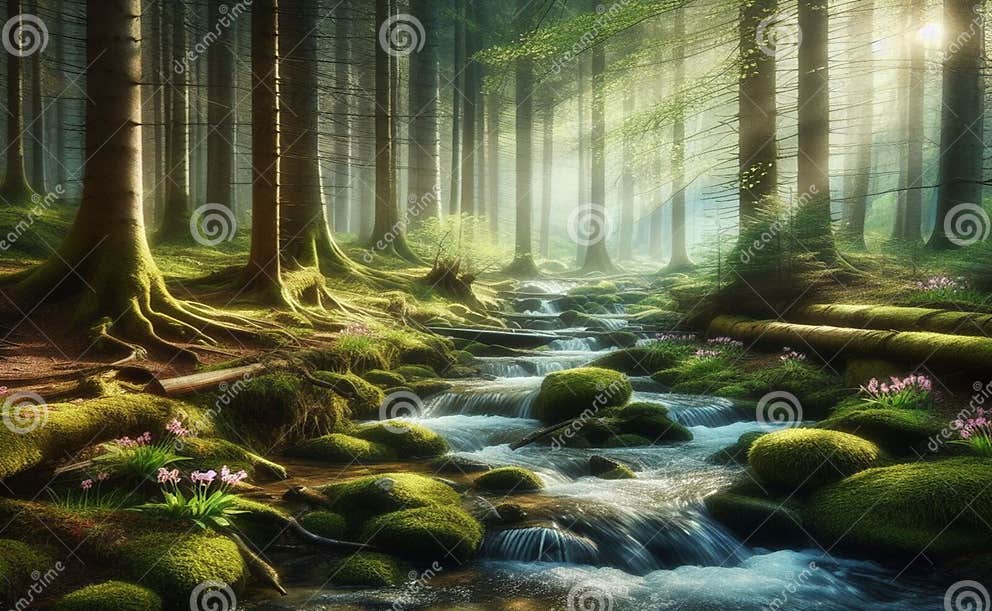 Spring Background Stream of Water in the Forest Stock Illustration ...