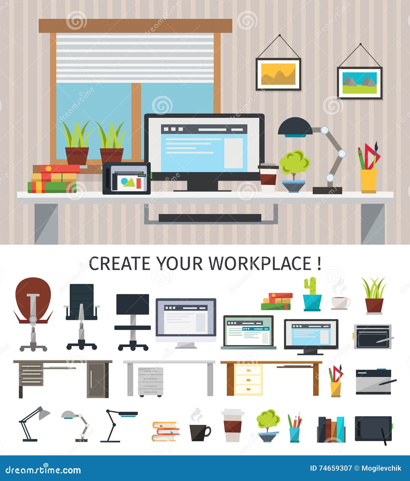 Create Interior Workplace Concept Stock Vector - Illustration of ...
