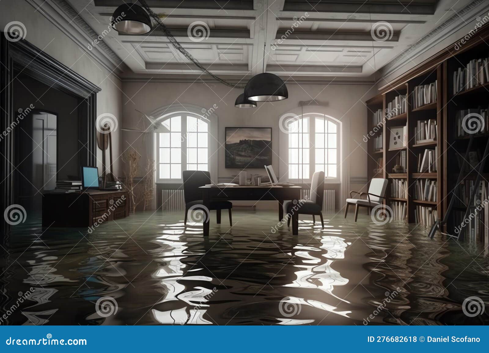 Create a Library in a Flooded Basement. Generative AI Stock ...