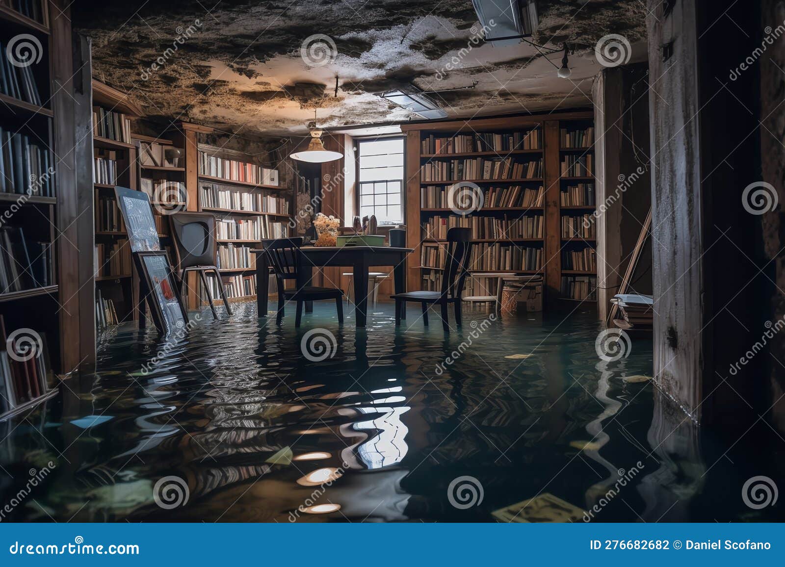 Create a Library in a Flooded Basement. Generative AI Stock ...