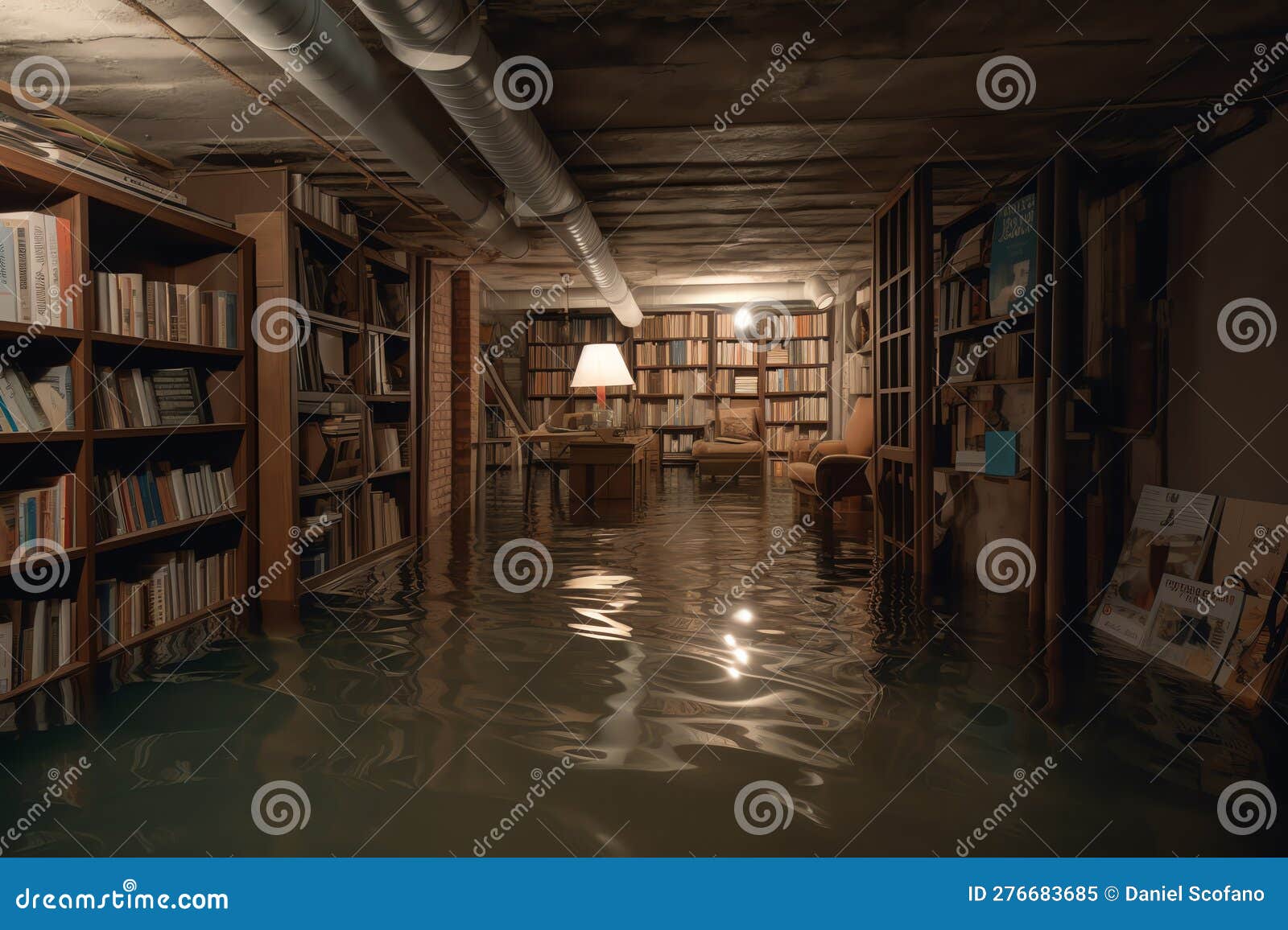 Create a Library in a Flooded Basement. Generative AI Stock ...