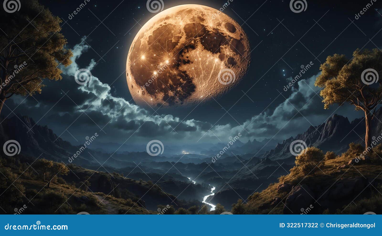 Create A Night Scene Featuring A Large Glowing Full Mo Ai Generated Stock Photo | CartoonDealer ...