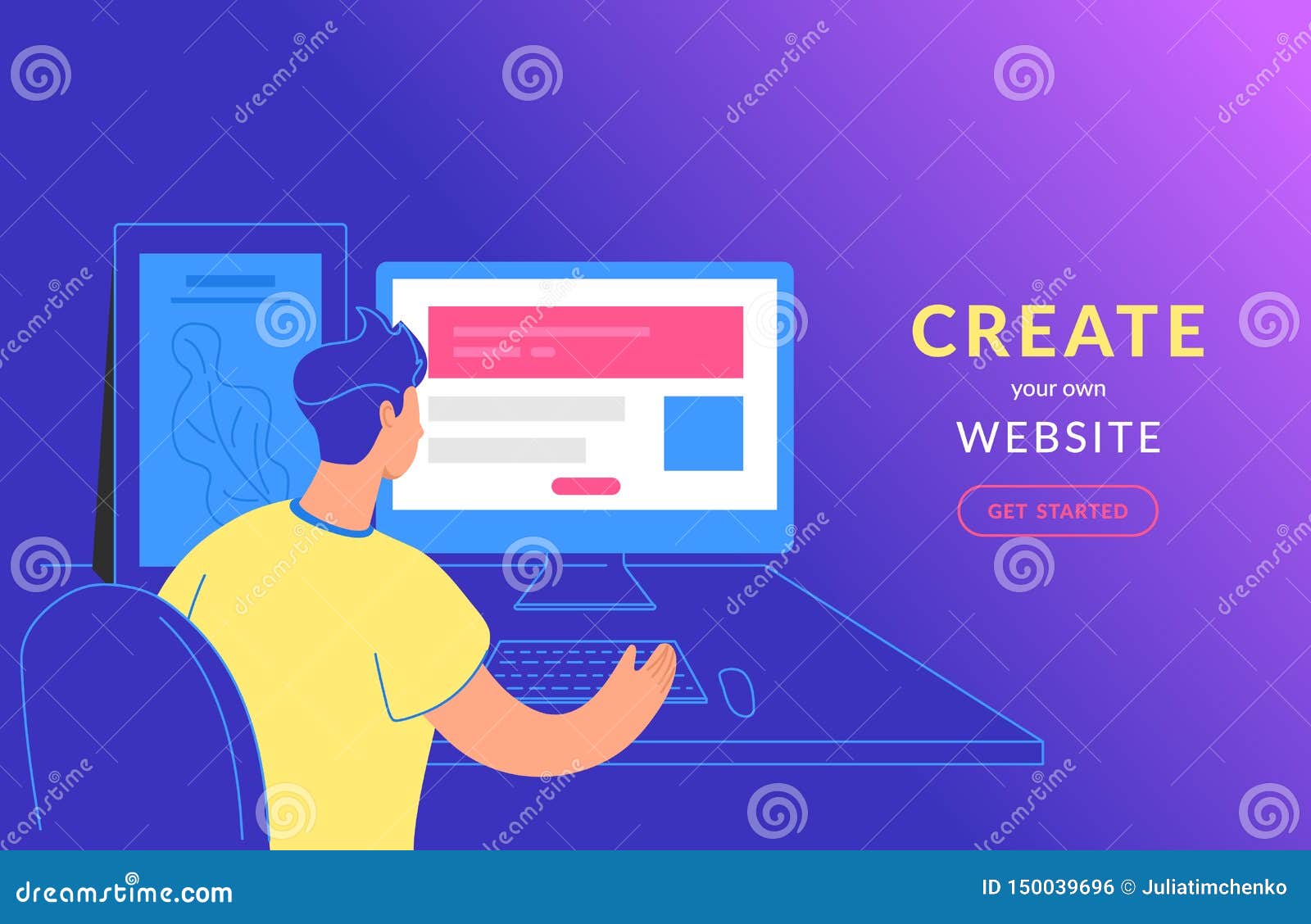 Create Your Own Website Flat Vector Illustration of Young Man Sitting ...