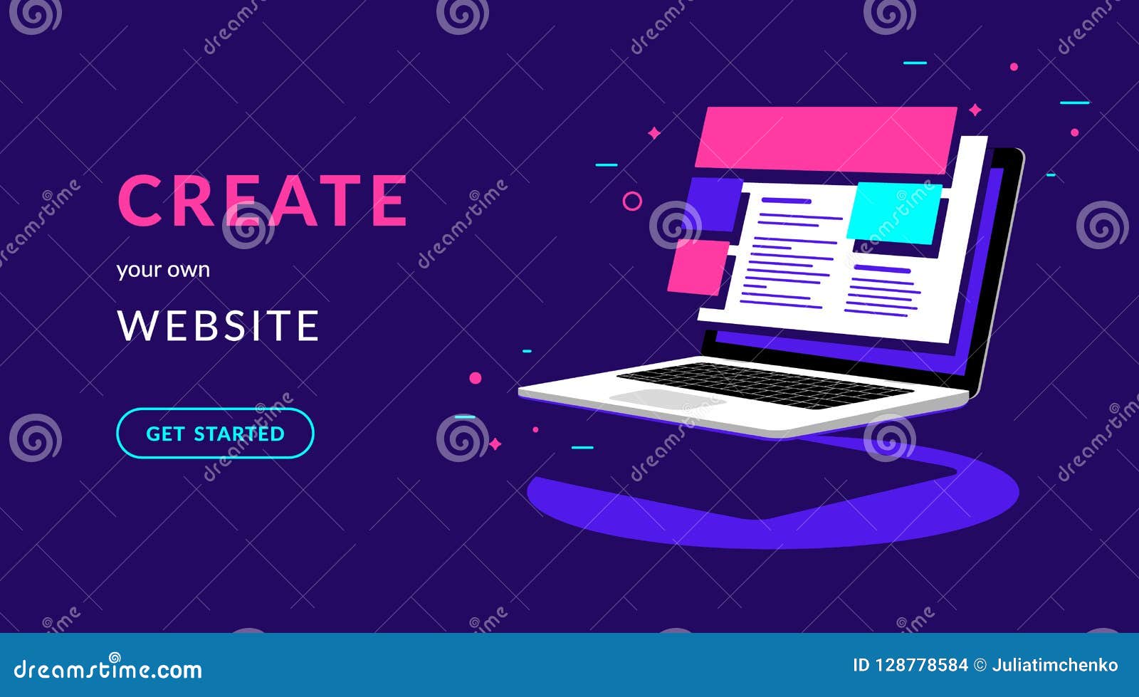 Create Your Own Website Flat Vector Neon Illustration for Web Banner ...