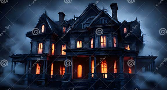Sinister Haunted Building with Glowing Windows and Swirling Mist Stock ...