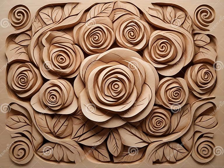 Wood Carving. Rose Flowers and Leaves are Combined into a Single ...