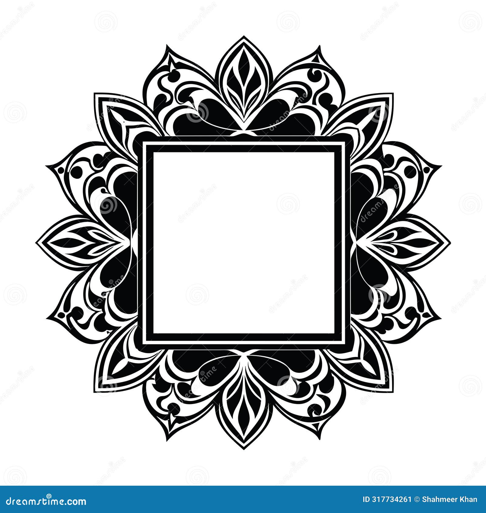 An Ornate Square Frame with a Black Silhouette Design, Transparent Background and Center Stock ...