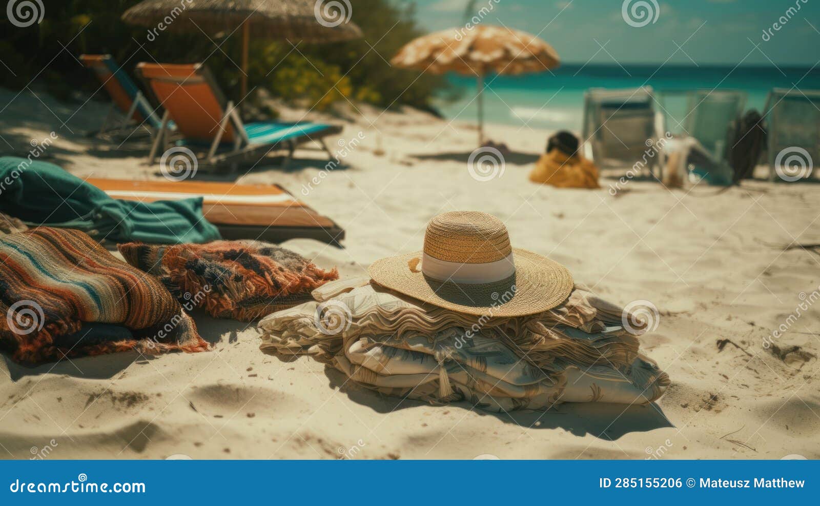 Tropical Beach with Sunbathing Accessories, Cool-toned Colors, and ...