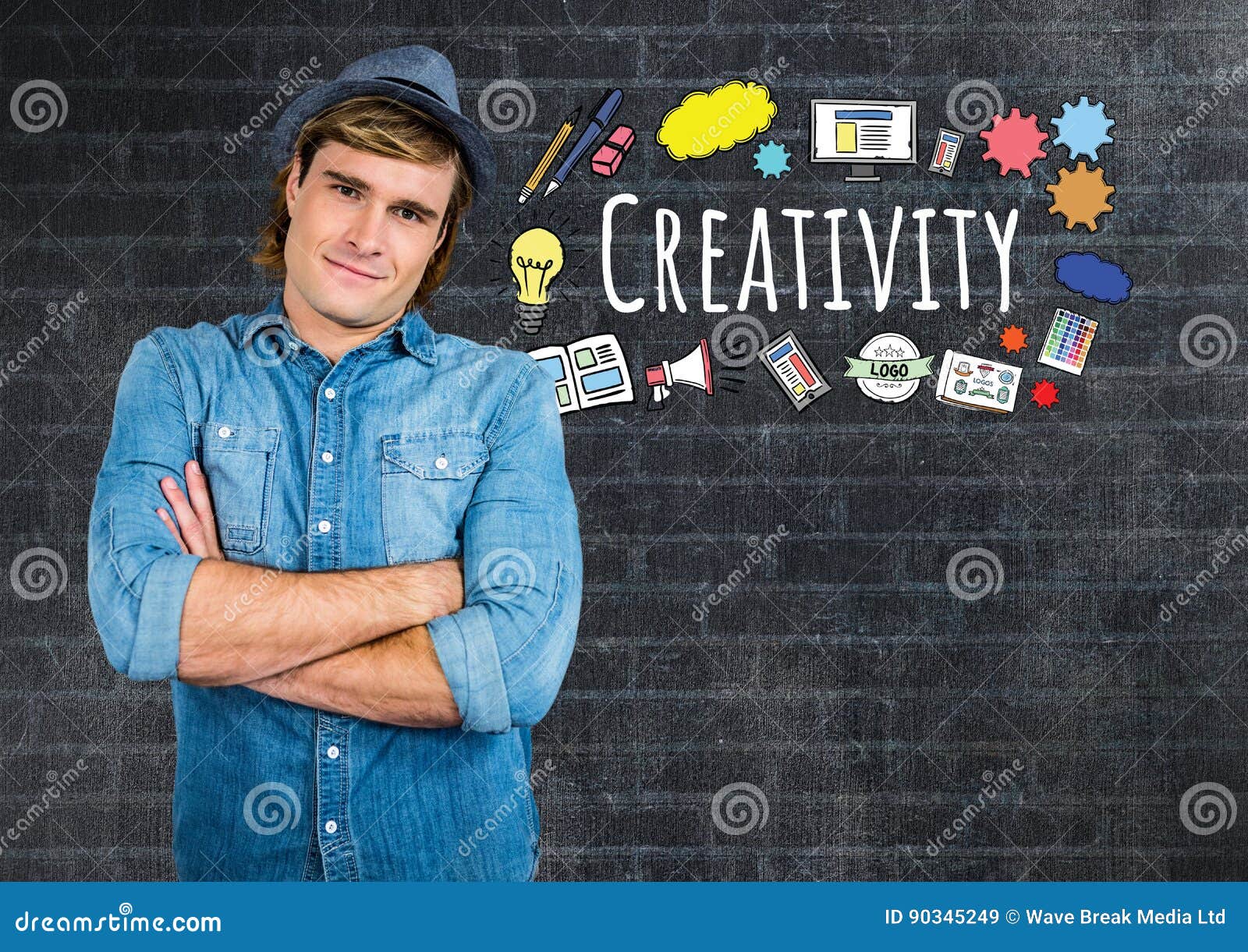 Creatieve Mens Met Creativiteittekst Met Tekeningengrafiek Stock ...