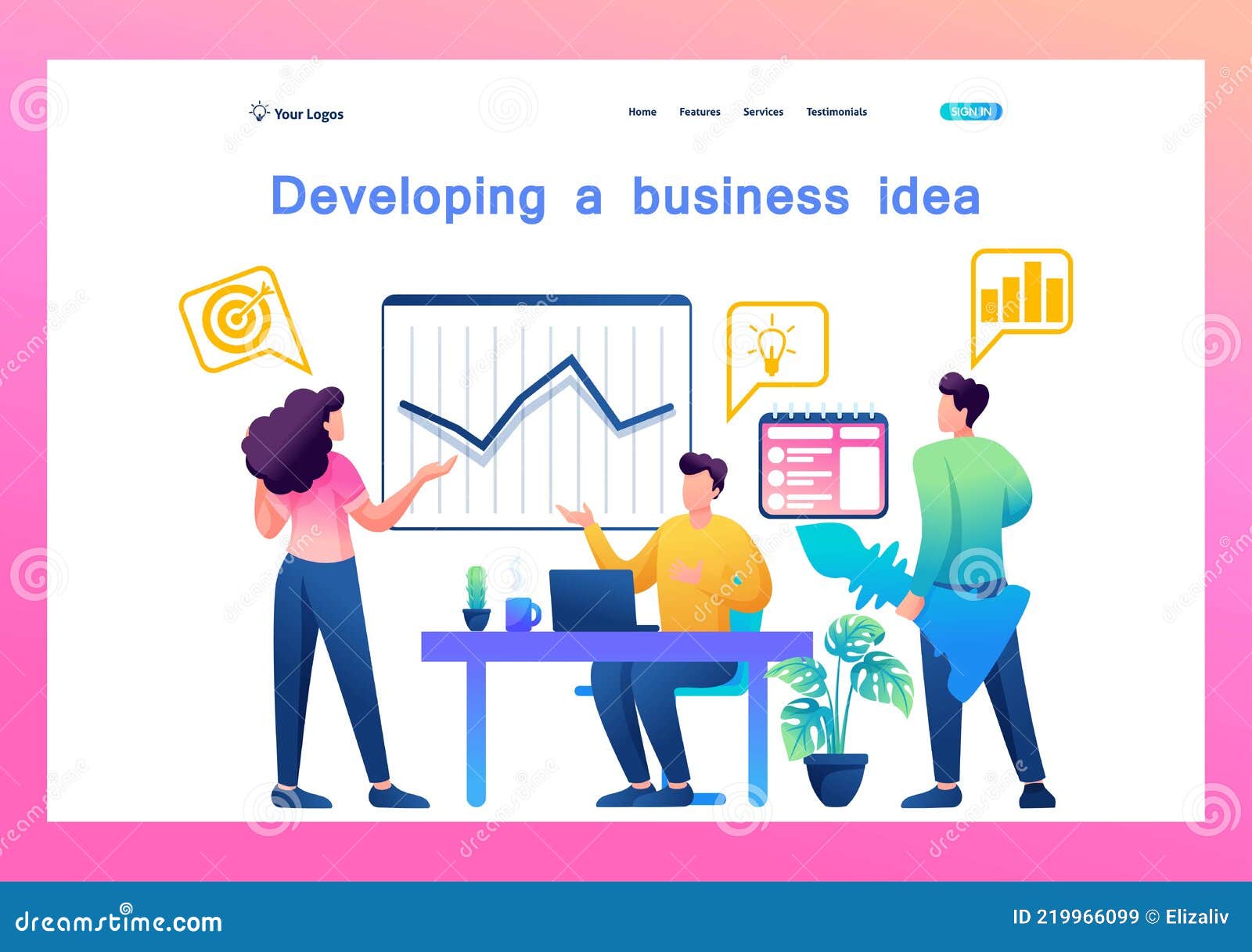 Creating and Developing a Business Idea by a Creative Team. Flat 2D ...