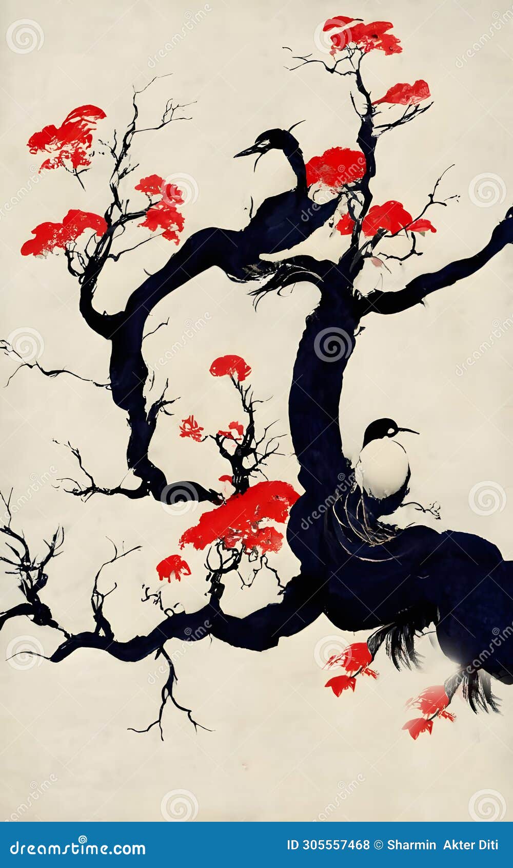 Minimalist Ink Art, Japanese Style, Tree and Bird. Stock Illustration ...
