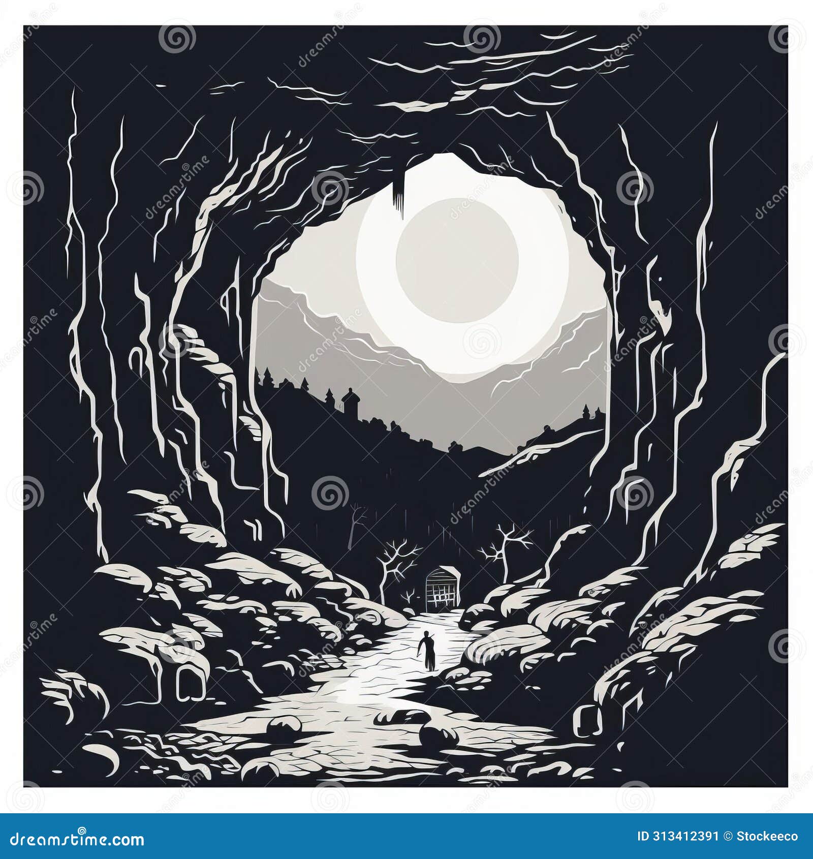 Creating a Minimalist Linocut Artwork of a Cave Stock Illustration ...