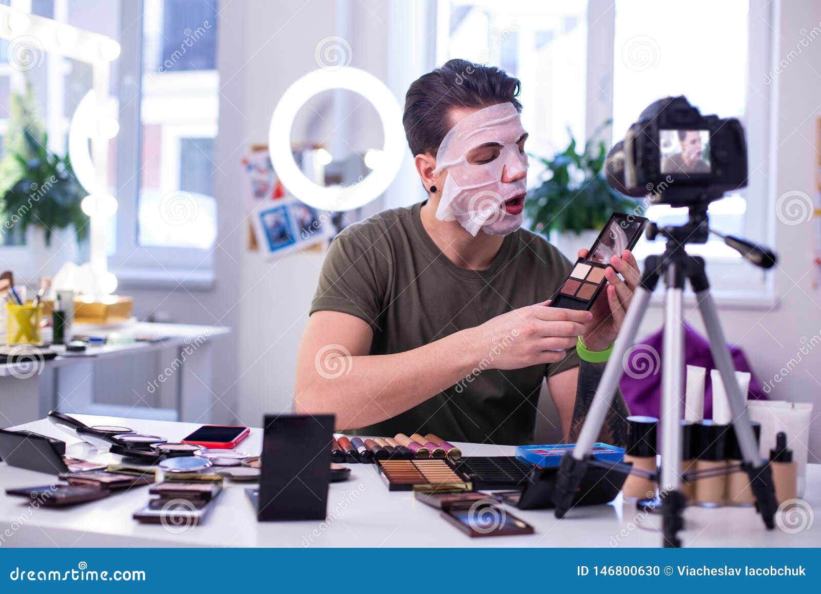 Curious Interested Man in Face Mask Opening Eyeshadow Palette Stock ...