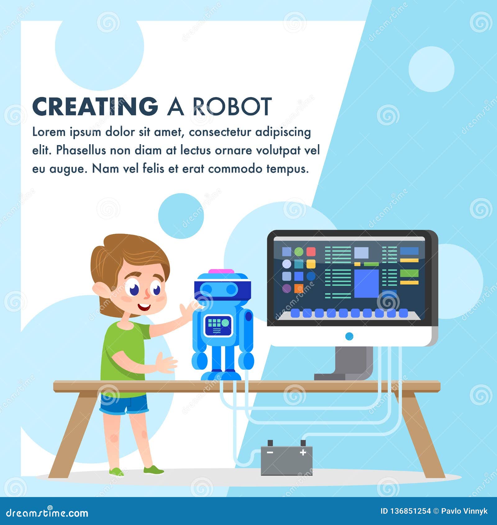 Robot Builds A Sand Castle With Little Child On The Sandbox Vector ...