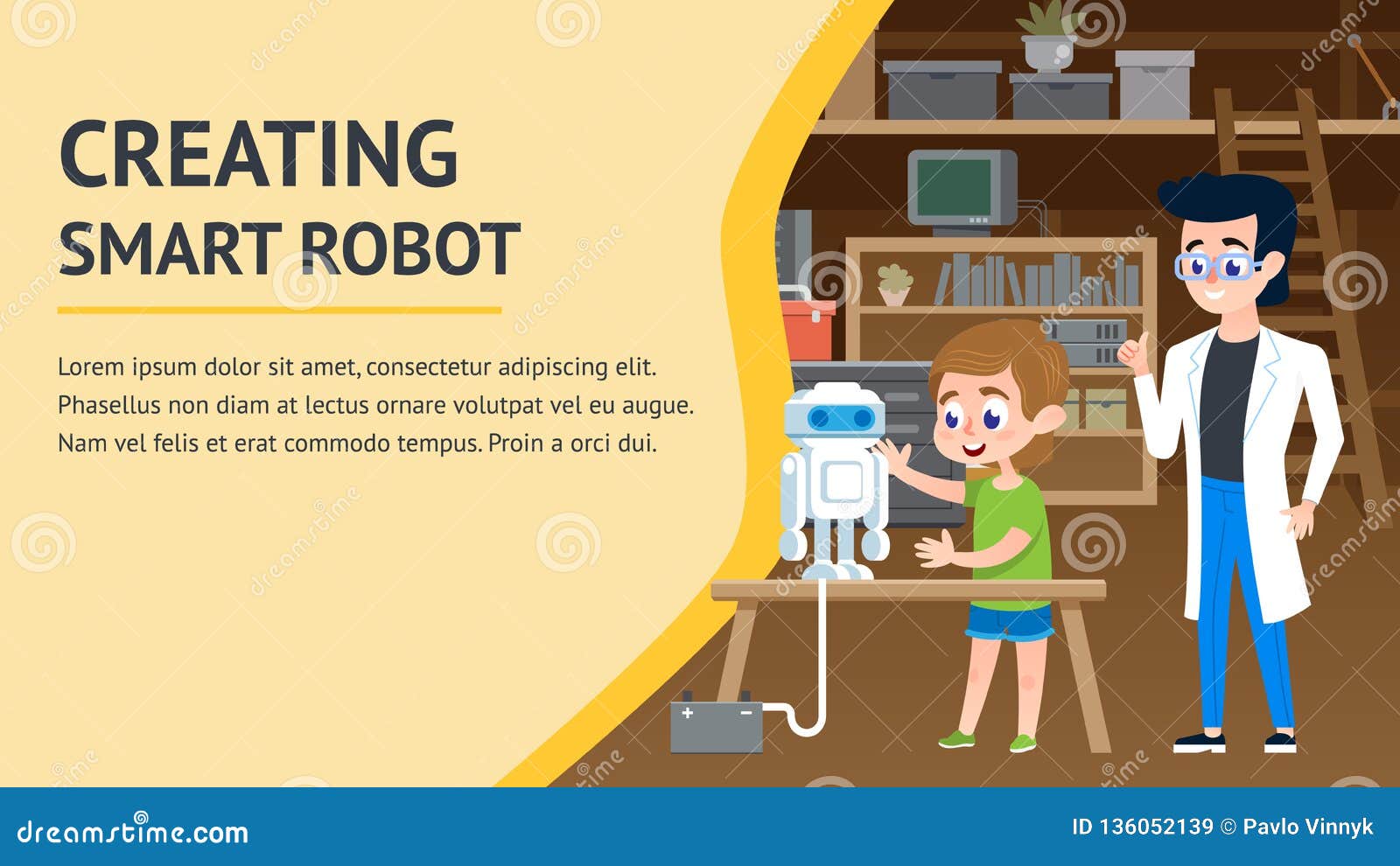 Creating Smart Robot. Garage Engineering Workshop Stock Illustration ...