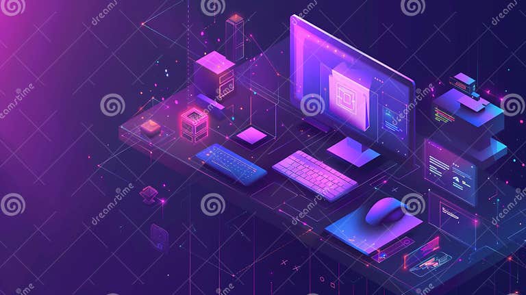 Creating a Website Design, Interface, Computer Monitor with 3D Icons on an Ultraviolet ...