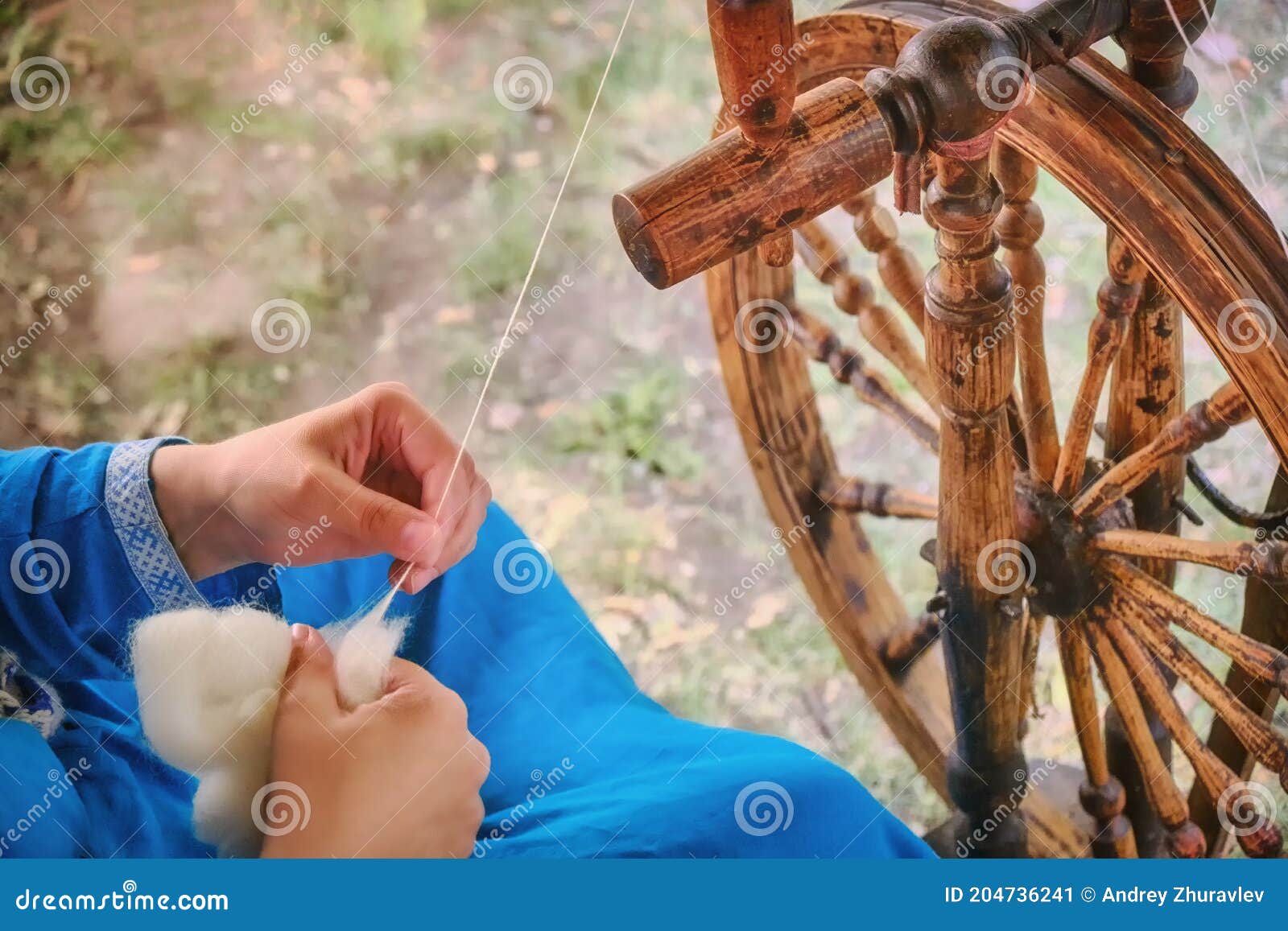 Creating Yarn Threads, Close-up. Spinning in Nature, Retro Style Stock ...