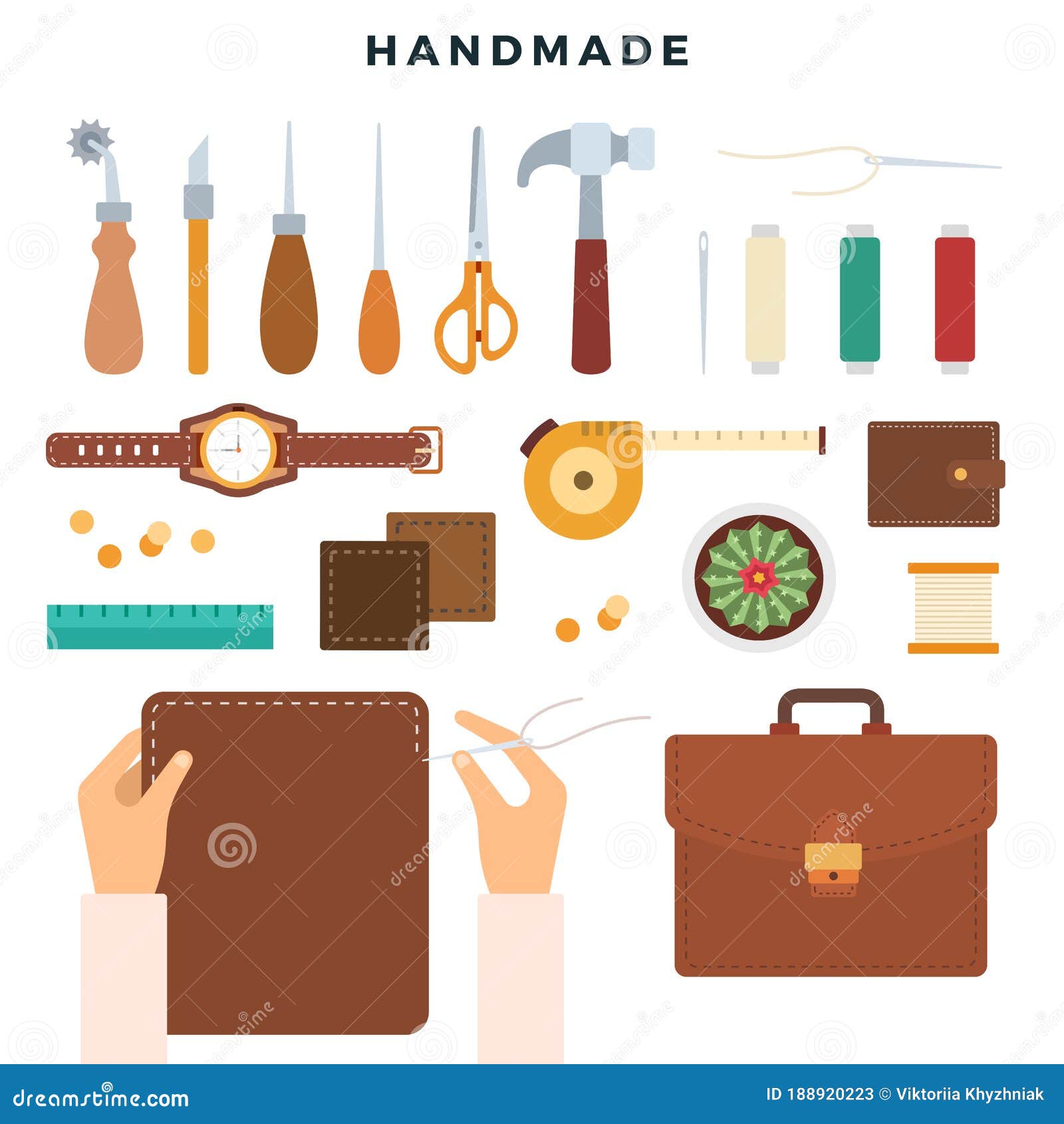 Creation of Leather Products, Handmade. Tools and Leather Goods. Vector ...