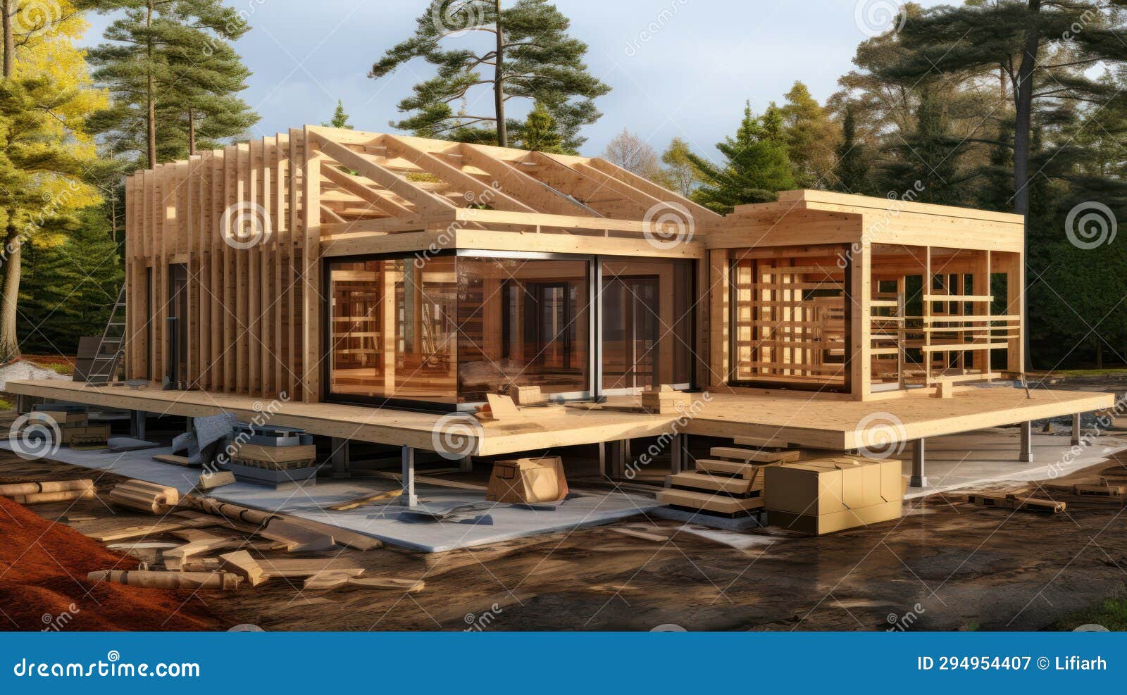 The Creation of Timber Frame Modular Homes. Generative AI Stock ...