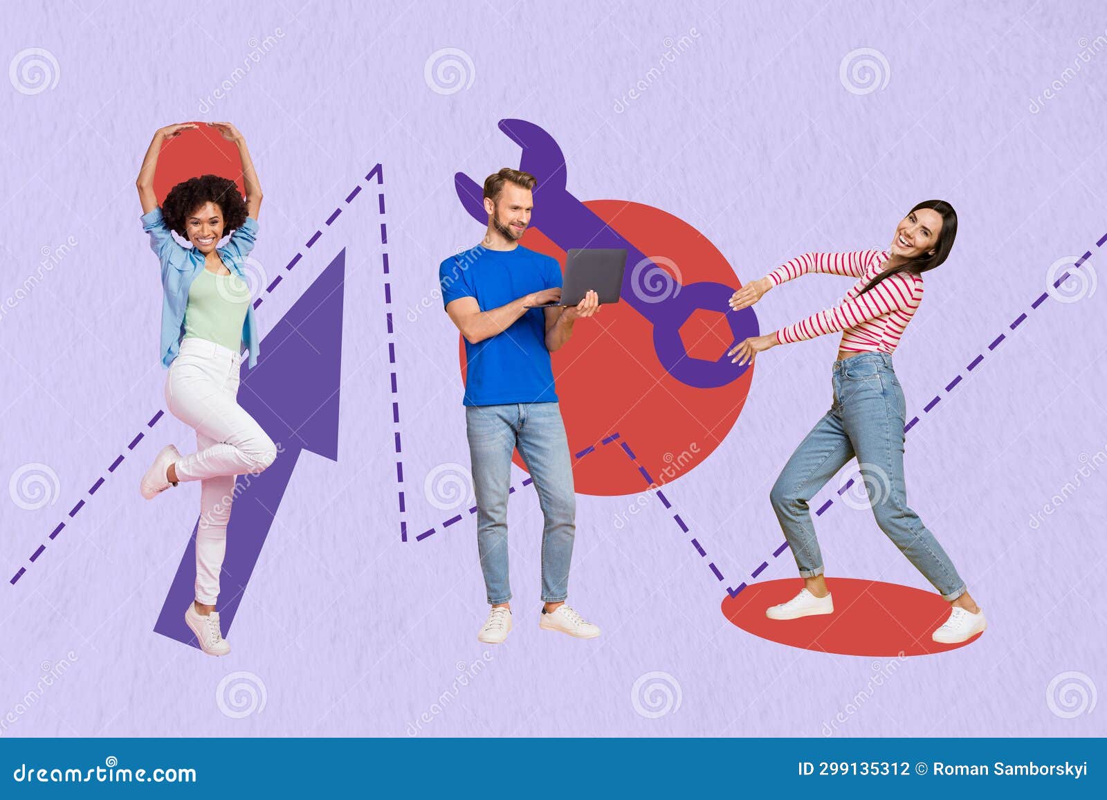 Creative Abstract Template Collage of Funny Young People Work Together ...