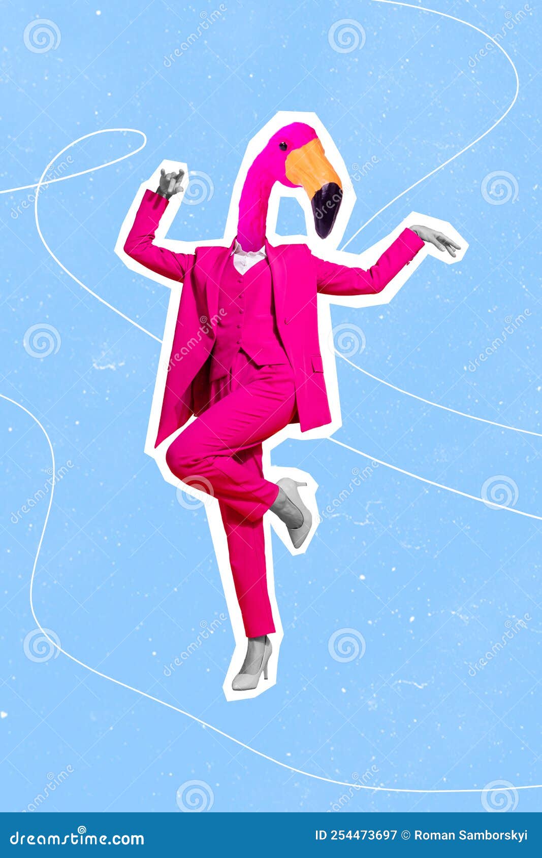 Creative Abstract Template Graphics Image Of Lady Flamingo Instead Of Head Dancing Isolated