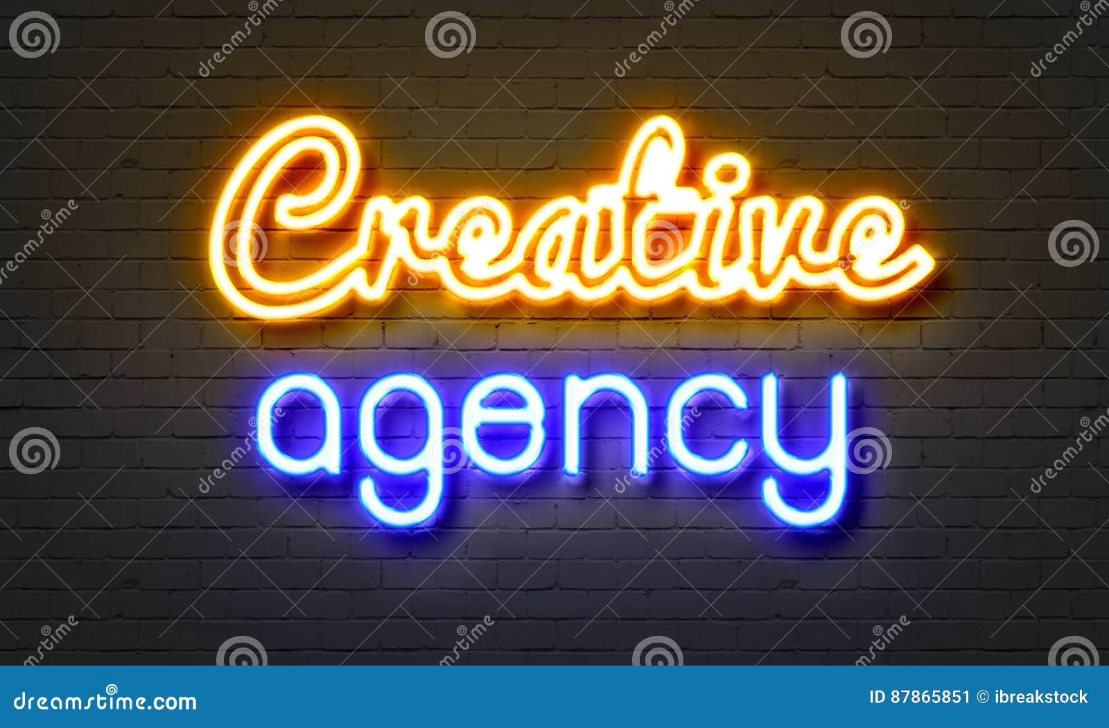 Creative Agency Neon Sign on Brick Wall Background. Stock Image - Image ...