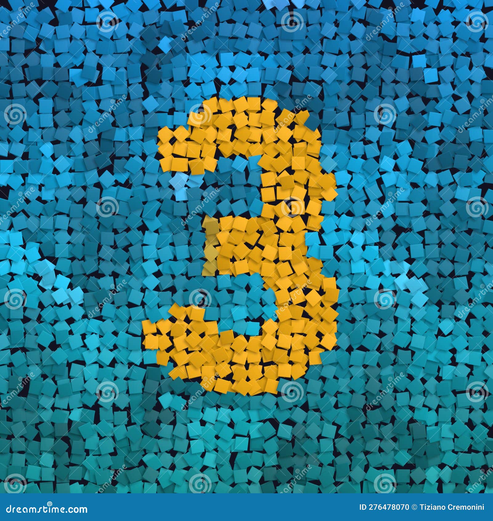 Creative Alphabet, 3d Render, Yellow Number Three on Blue Background ...