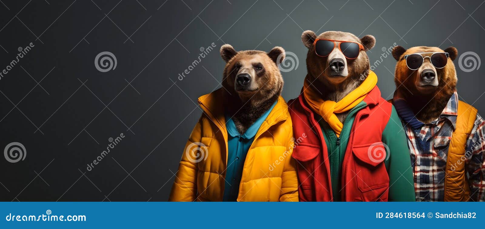Bear in a Group, Vibrant Bright Fashionable Outfits Isolated on Solid ...