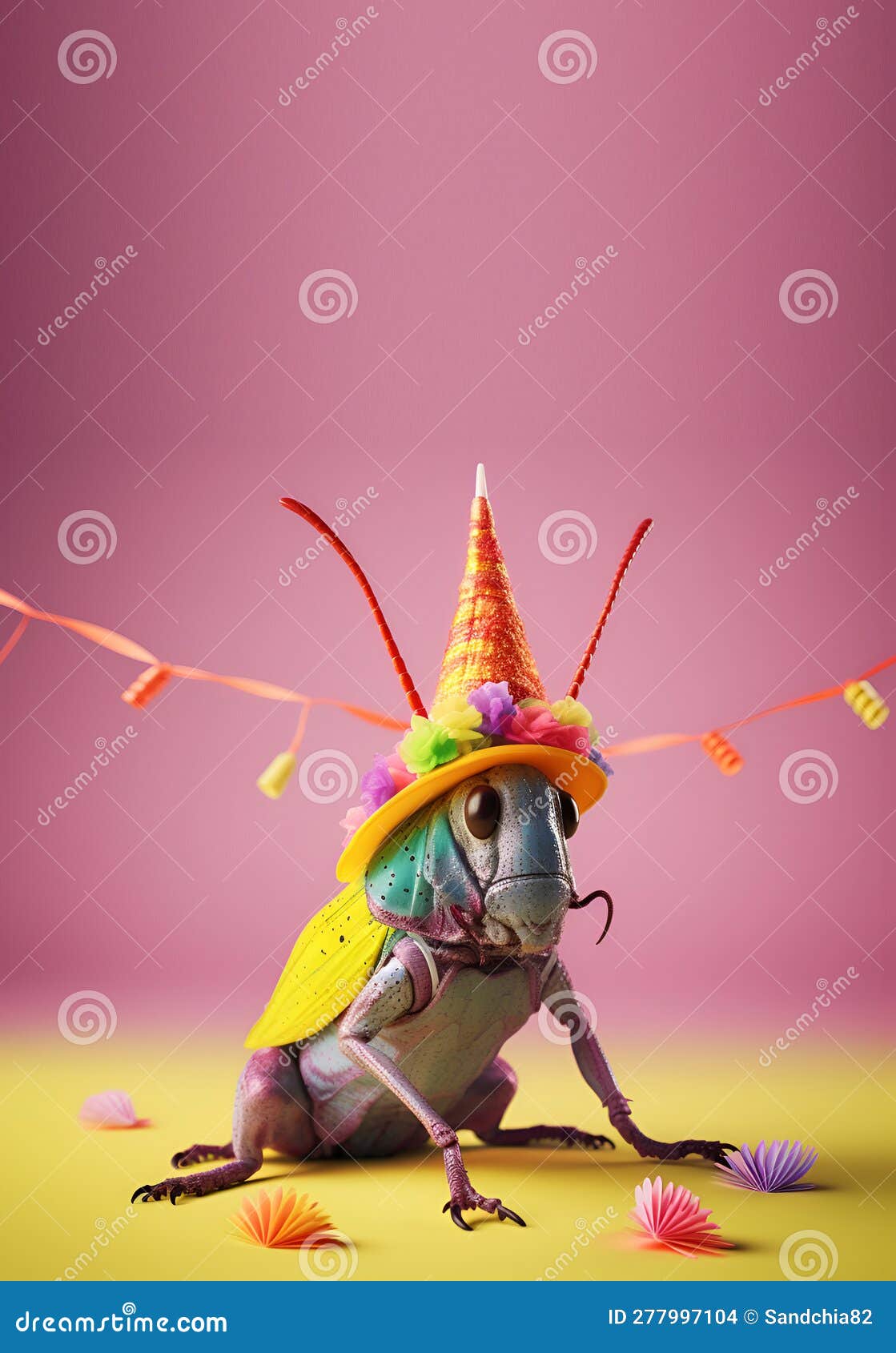 Bug in Party Cone Hat Necklace Bowtie Outfit Isolated on Solid Pastel ...
