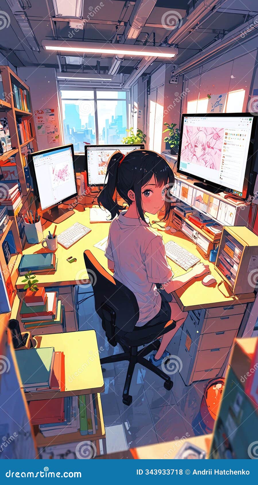 Creative Anime Workspace with Colorful Design Elements and Team ...