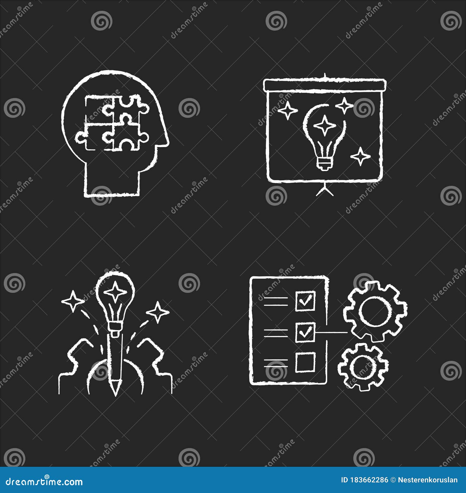 Creative Approach Chalk White Icons Set on Black Background Stock ...