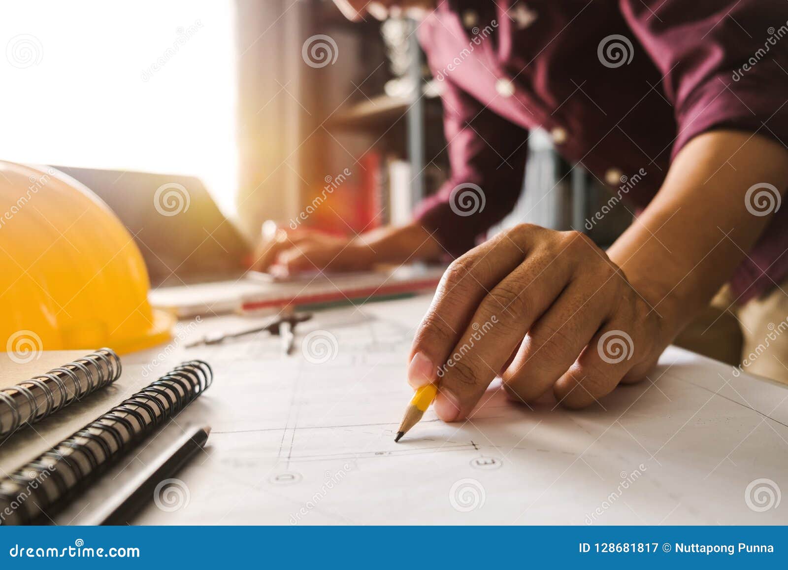 Creative Architect Projecting on the Big Drawings in the Dark Loft ...