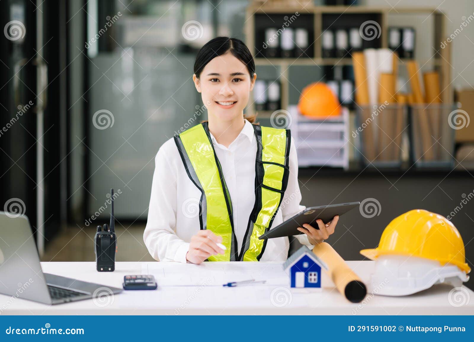 Creative Architect Projecting on the Big Drawings Working and Laptop ...