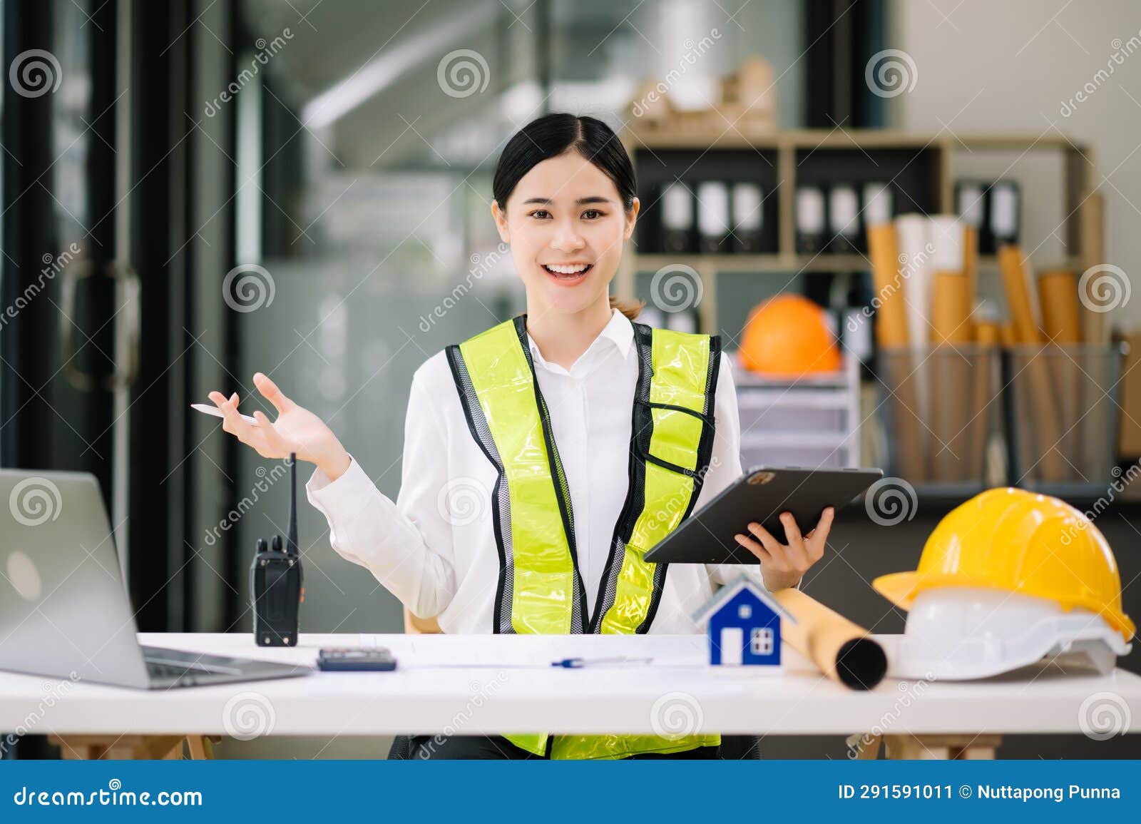 Creative Architect Projecting on the Big Drawings Working and Laptop ...