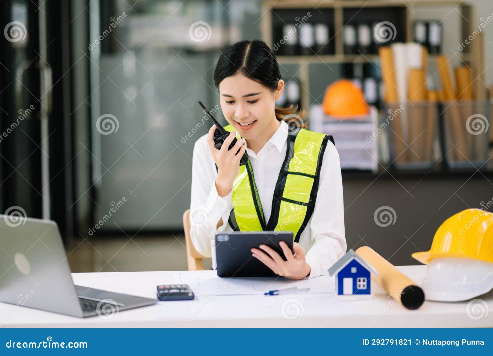 Creative Architect Projecting on the Big Drawings Working and Laptop ...