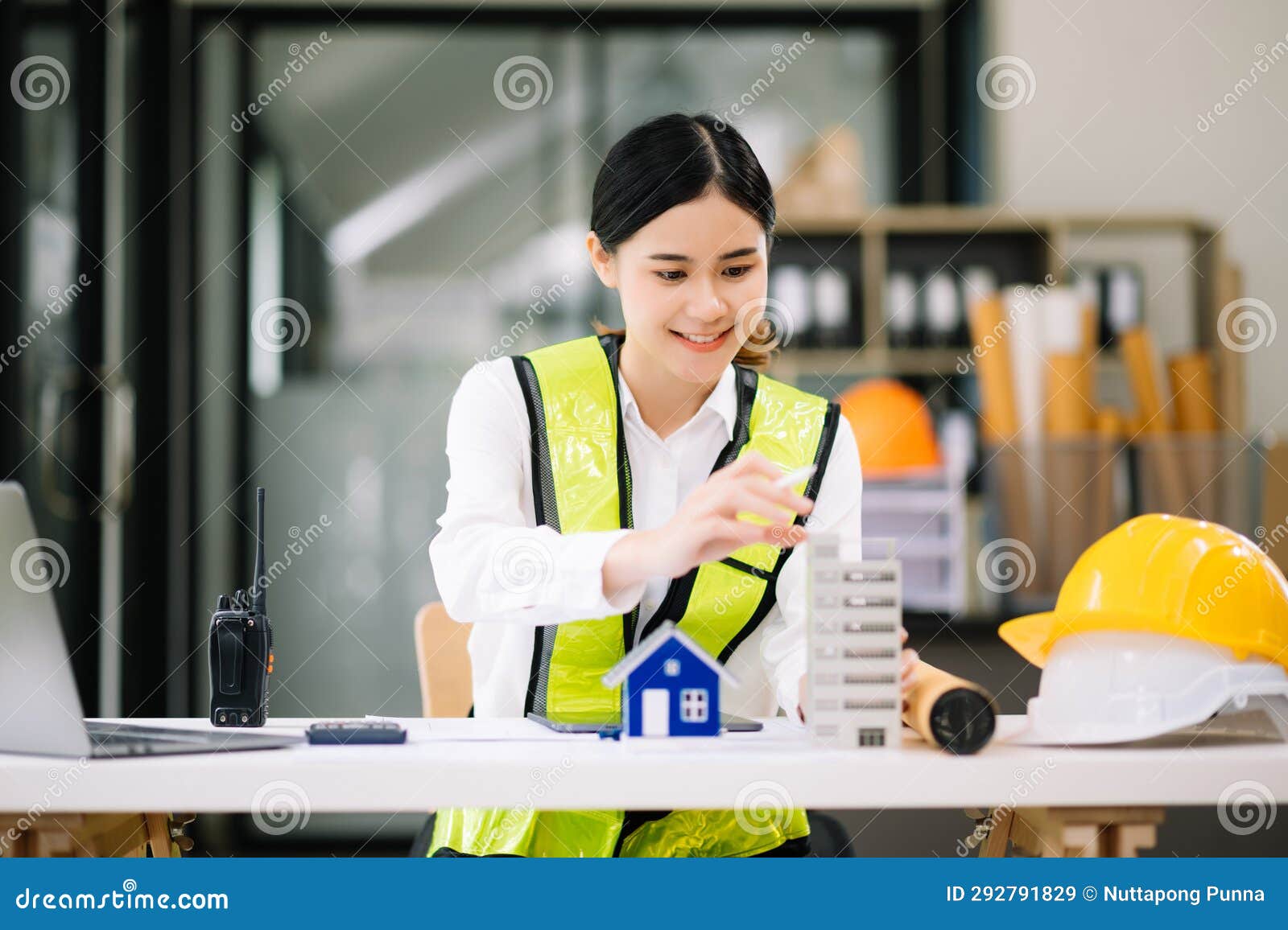 Creative Architect Projecting on the Big Drawings Working and Laptop ...