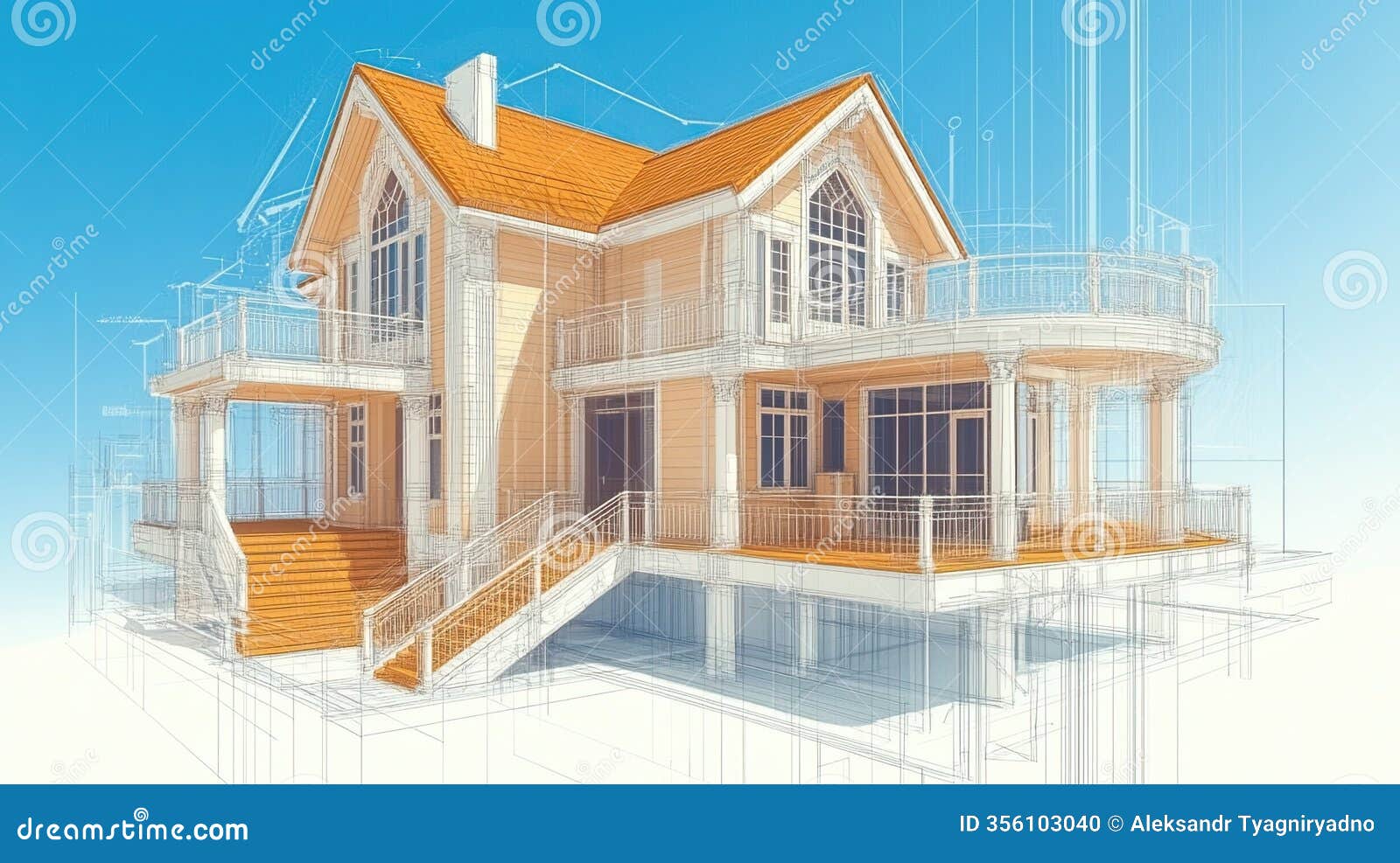 Stylized 3D Home Design with Architectural Drawings Stock Illustration - Illustration of ...