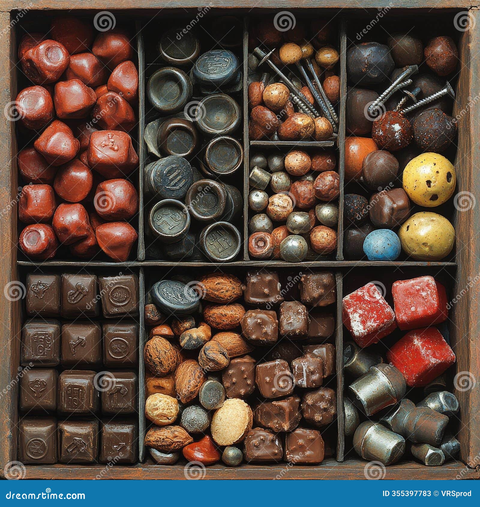 Box of Mixed Materials with Chocolate and Hardware Stock Image - Image ...