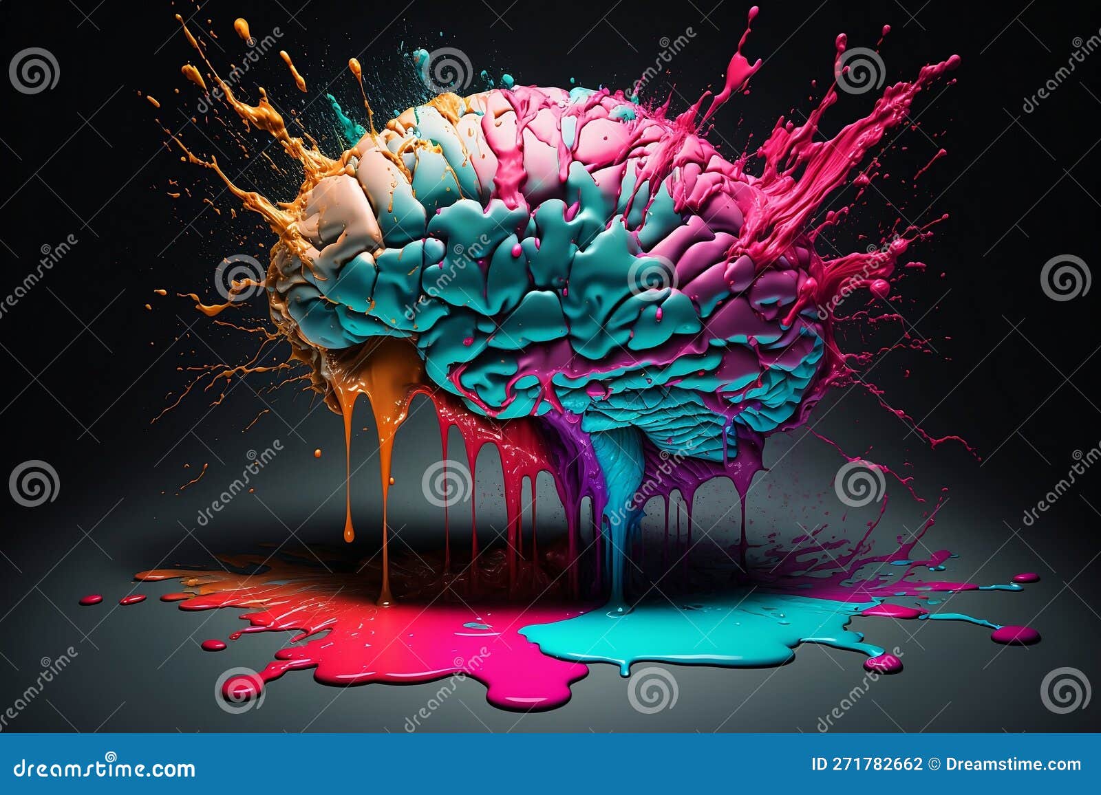 Creative Art Brain Explodes with Colorful Paint Splashes on a Dark ...
